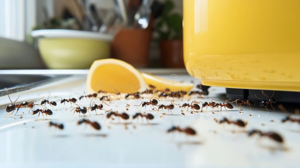 Ant Infestation Macro View of Ants Crawling on Counter by Lemon with ...