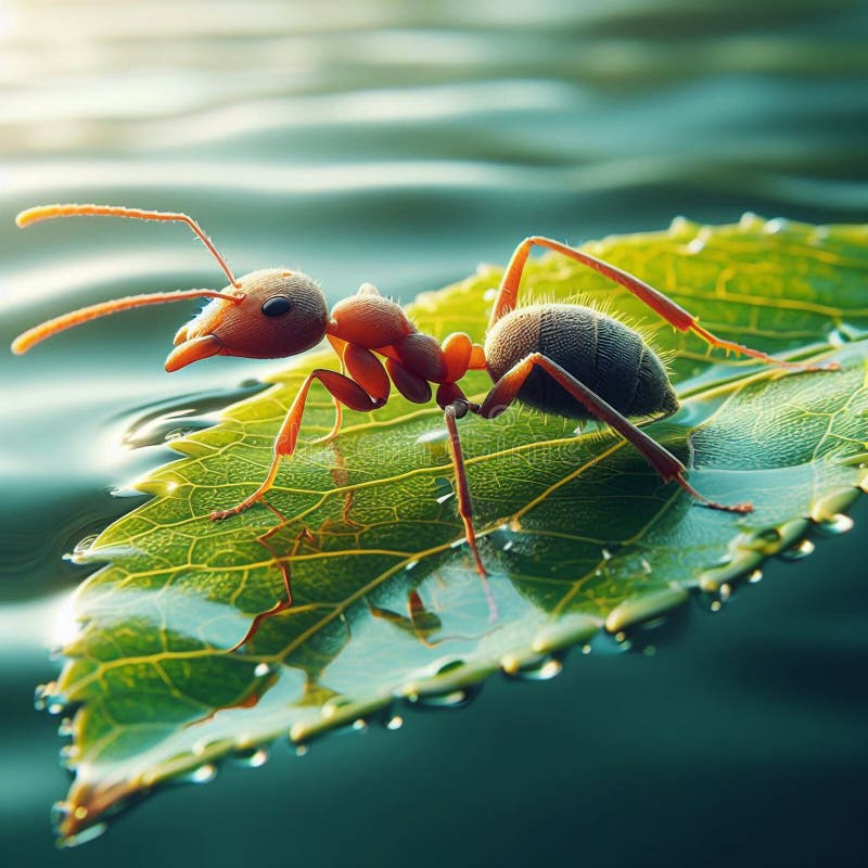 Ant on a Leaf: a Red Ant Perched on a Green Leaf Floating on Water ...