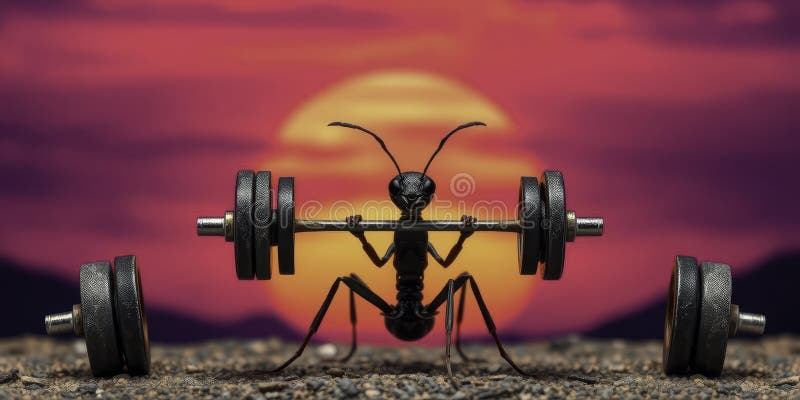 Ant Overcoming Challenges with Barbell Under a Majestic Purple Sunset ...