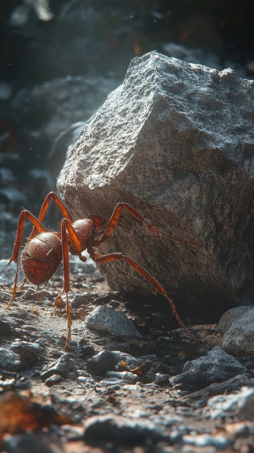 Ant Pushing a Large Rock in a Natural Environment, Close-up View Stock ...