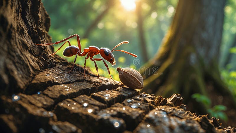 Magnificent Red Ant Carrying Seed in Sunlit Forest Stock Illustration ...