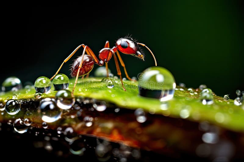 Ant with Water Drop in a Leaf Macro Photography Stock Illustration ...