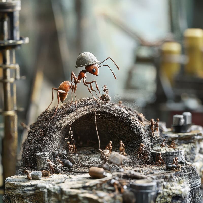 Ant Workers Building a Miniature Bridge with Helmets Stock Photo ...