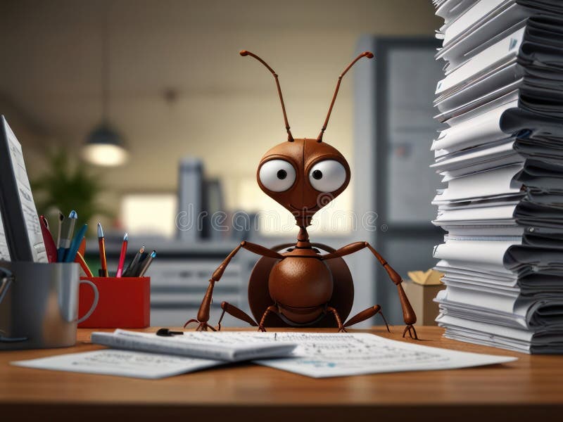 Ant Working Diligently at a Desk Surrounded by Stacks of Paper Stock ...