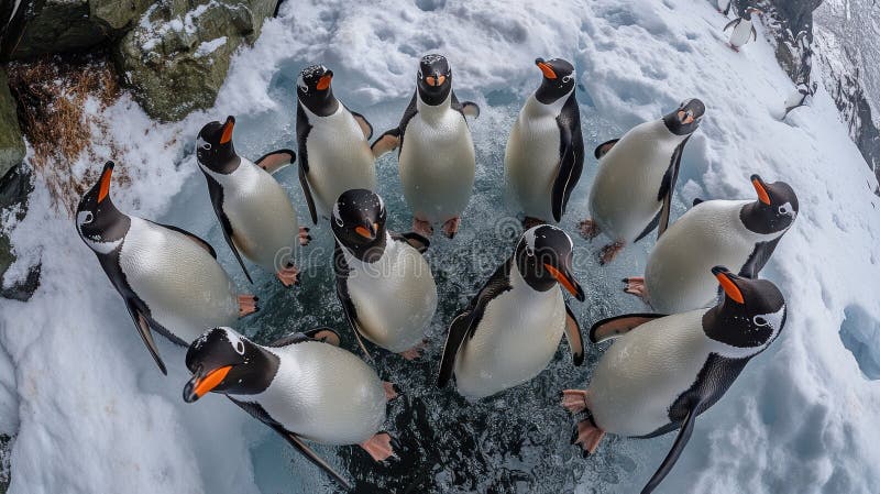 Antarctic Penguins Huddle in Ice Hole, Snowy Landscape Stock ...