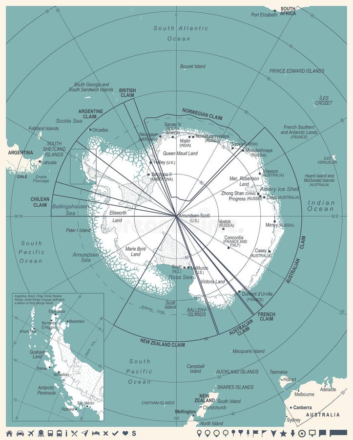 Antarctic Region Map - Vintage Vector Illustration Stock Illustration ...
