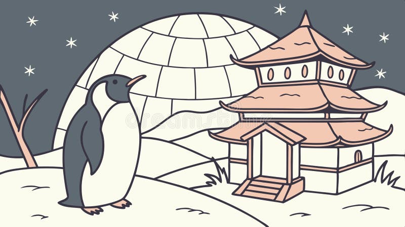 Antarctic Scene with Penguin, Igloo, Pagoda, Vector Design Generative ...