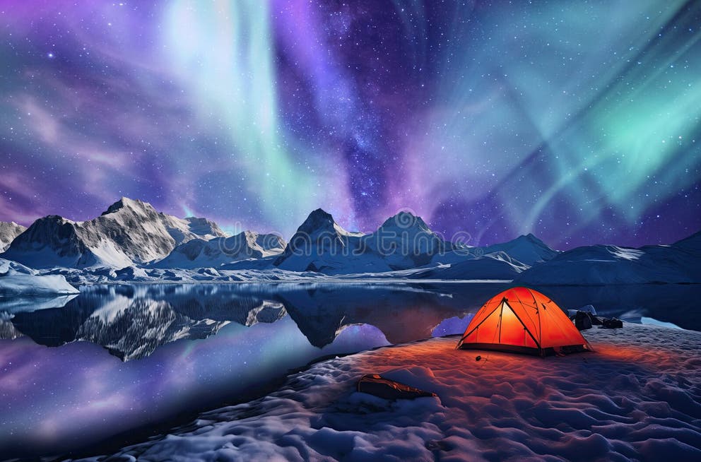 Antarctica Aurora Reflections Dance Camping Generative AI Stock Illustration - Illustration of ...