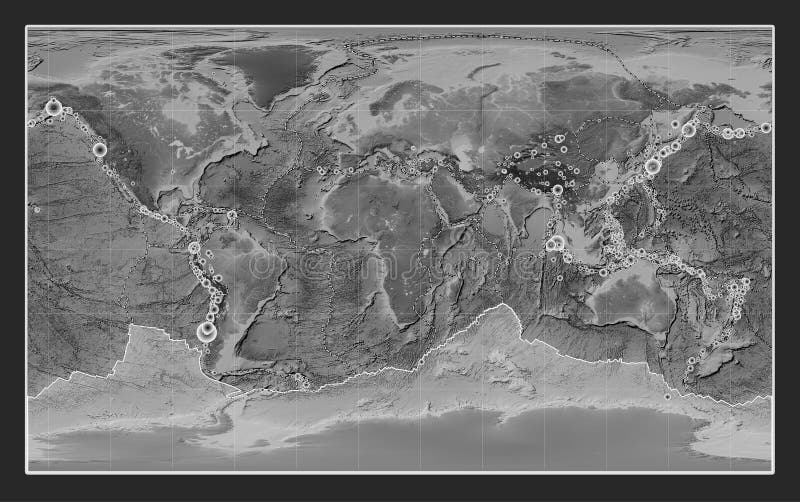 Antarctica Tectonic Plate. Grayscale. Compact Miller. Earthquake Stock ...