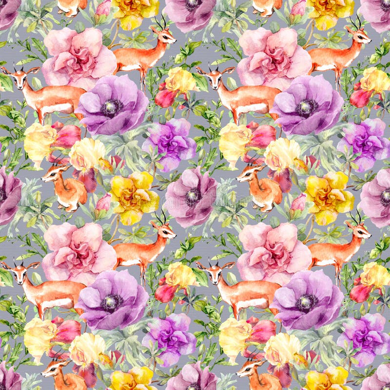 Antelope Animal in Flowers. Repeating Floral Pattern. Watercolor Stock ...
