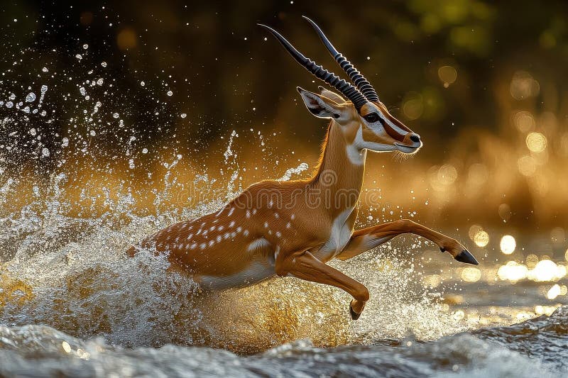 Antelope Leaping through Water with Splashing Stock Illustration ...