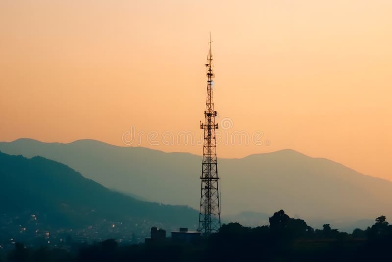 Antenna Communication Technology with City Background. Communication ...