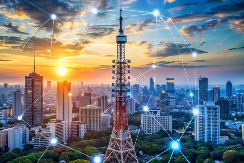Antenna Communication Tower with Smart City 5G and IoT Technology Stock ...