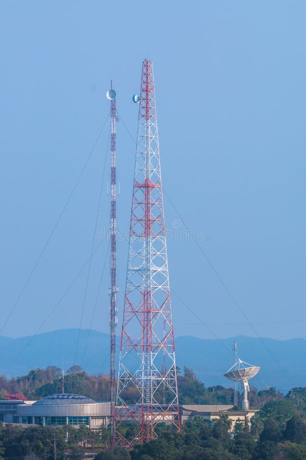 Big Satellite Dish and Antenna Tower on Ground Station Stock Image ...