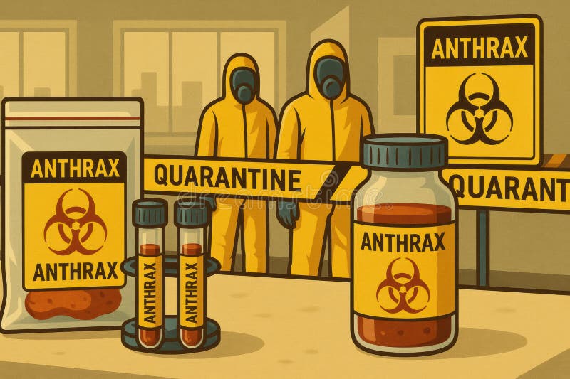 Anthrax Quarantine Scene with Biohazard Signs, Vials, and Workers in ...