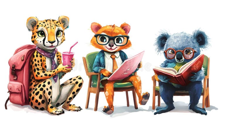 Anthropomorphic Animals Studying: Cheetah, Fox, and Koala Reading and ...