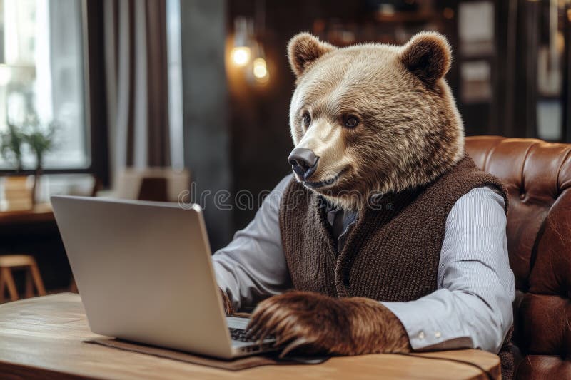 Anthropomorphic Bear Engaged in Digital Work in Modern Office Setting ...