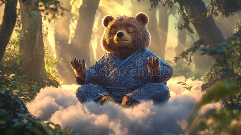 Anthropomorphic Bear Meditating on Clouds in a Serene Forest Scene ...