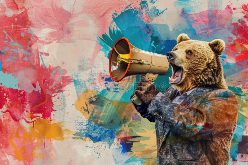 Anthropomorphic Bear Shouting into a Megaphone with Abstract Painted ...