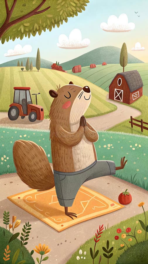 Anthropomorphic Beaver Practicing Yoga on a Colorful Mat in a Rural ...