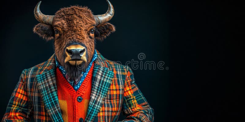 Anthropomorphic Bison in a Suit on a Black Background, Blending Human ...