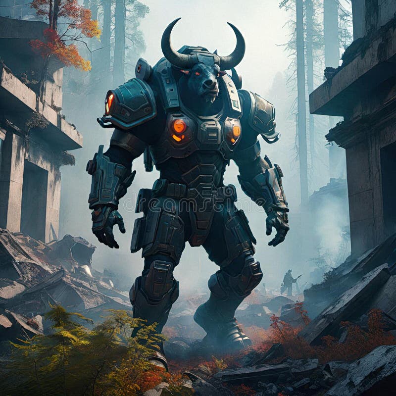 Anthropomorphic Bull Soldier Exploring the Forest, Science Fiction ...