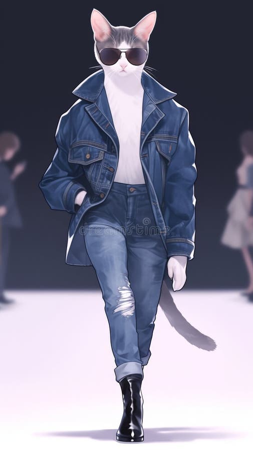 Anthropomorphic Cat Model Walking Runway in Denim Outfit Stock ...