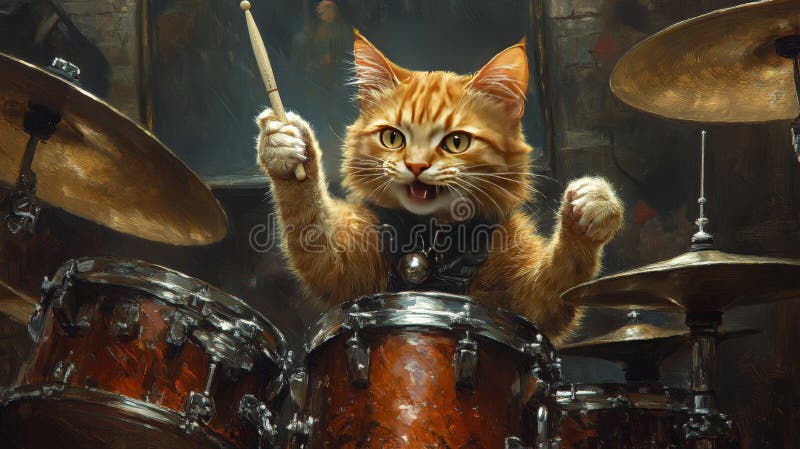 Anthropomorphic Cat Playing Drums with Intense Expression Stock Photo ...