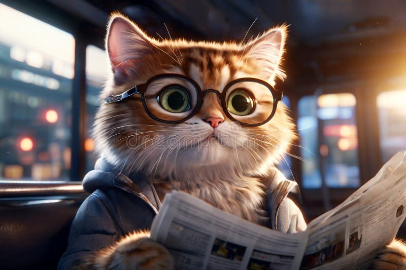Cute Cat Reading Newspaper on the Bus Stock Illustration - Illustration ...
