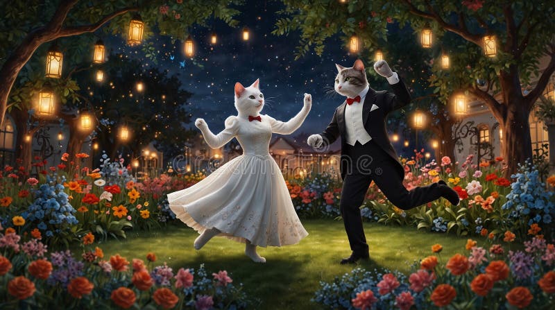 Anthropomorphic Cats Dancing in a Flower Garden Under Lanterns on a ...
