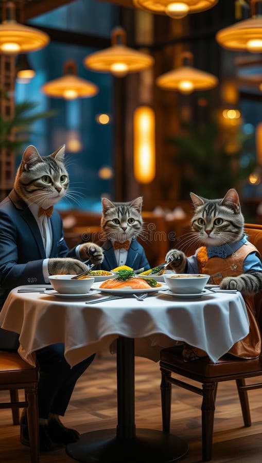 AI-Generated Charming Family Dinner: Cats Enjoying Fine Dining in a ...