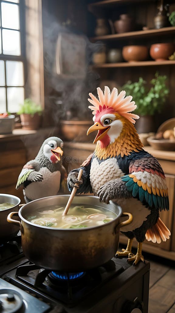 Anthropomorphic Chickens Making Chicken Soup in a Rustic Kitchen Stock Illustration ...