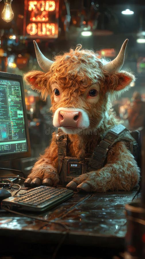Anthropomorphic Cow Hacker Programming on Computer in Cyberpunk Setting ...