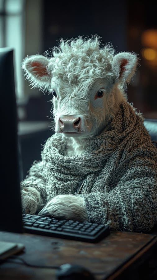 Anthropomorphic Cow Working on Computer Wearing Sweater Stock Image ...