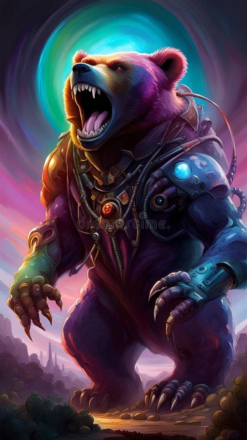 Anthropomorphic Cyborg Bear Exploring an Alien Planet, Sci-fi Scenery ...