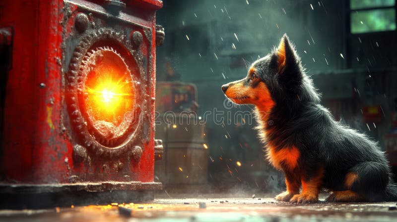 An Anthropomorphic Dog Stands Curious before a Glowing, Fire Hydrant ...