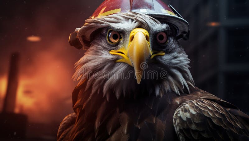 An Anthropomorphic Eagle in a Firefighter Helmet Looking at the Camera ...