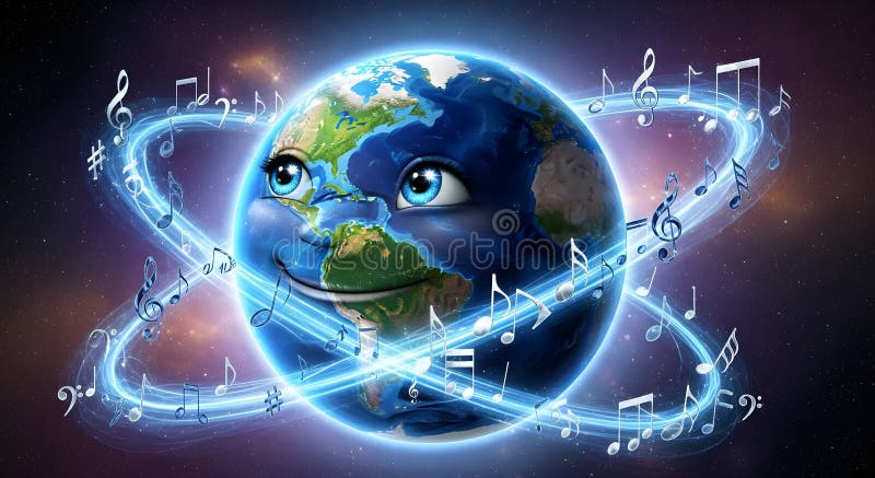 Anthropomorphic Earth with Musical Notes Orbiting in Space, Symbolizing ...