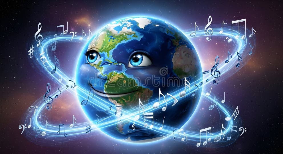 Anthropomorphic Earth with Musical Notes Orbiting in Space, Symbolizing ...
