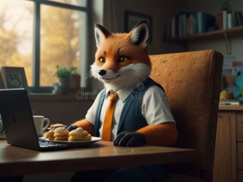Anthropomorphic Fox in Business Attire Working on a Laptop at a Desk ...