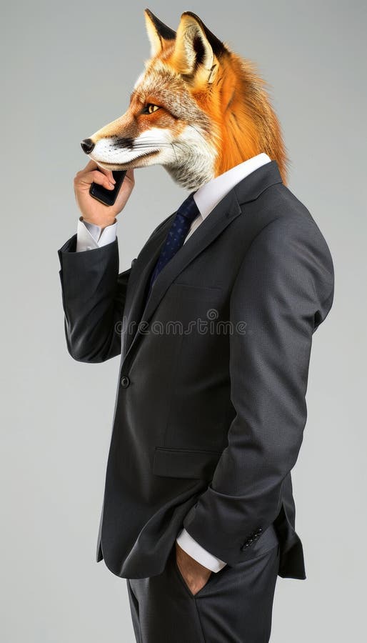 Anthropomorphic Fox in Business Suit, on the Phone, Serious Expression ...