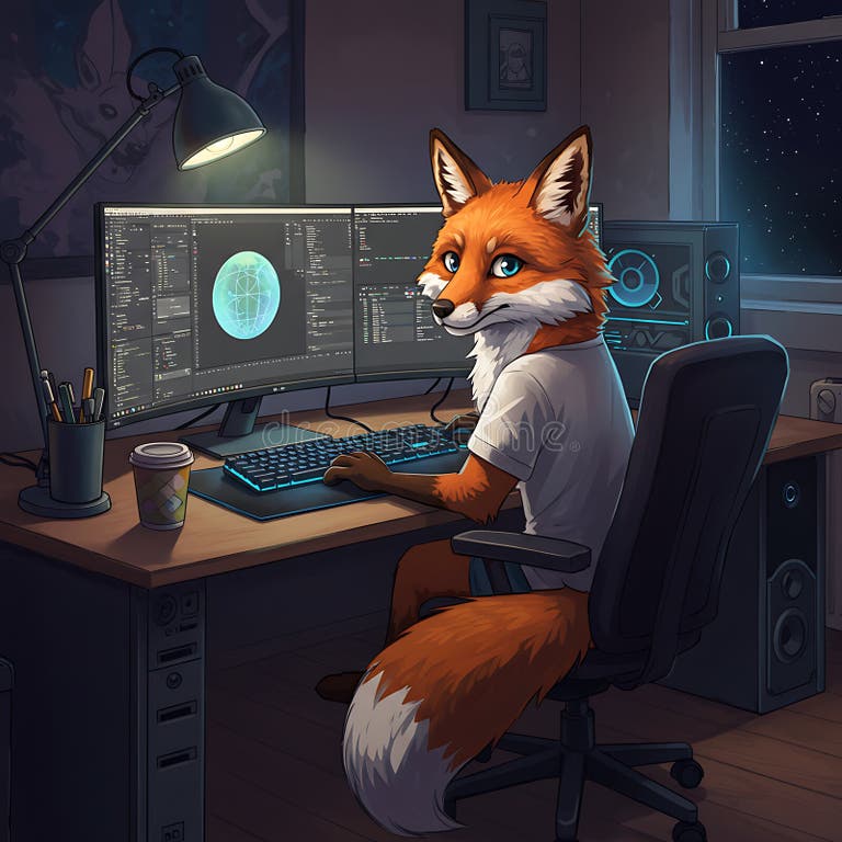 An Anthropomorphic Fox Character is Seated at a Computer Desk, Working ...