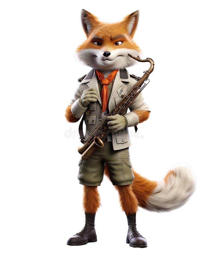 Anthropomorphic Fox in a Coat with a Saxophone in a Jazz Style ...