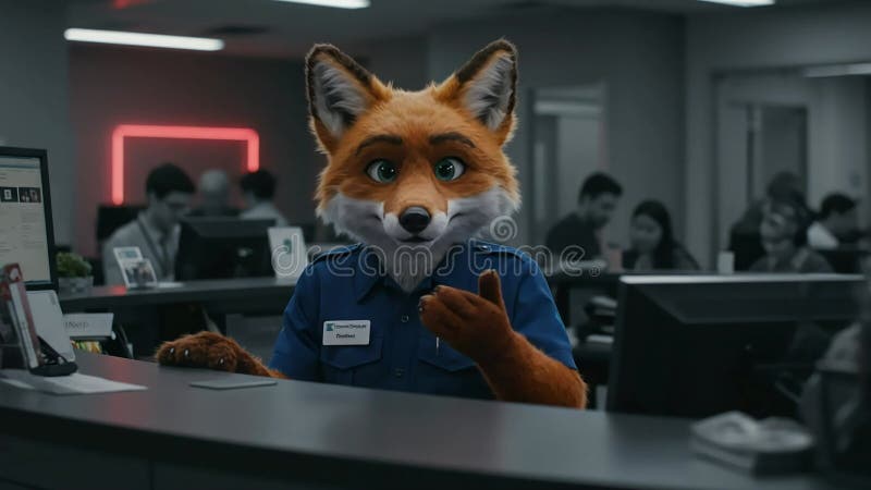 An Anthropomorphic Fox, Dressed in a Blue Uniform, Sits at a Reception ...