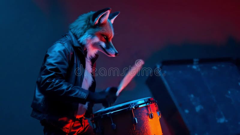 Anthropomorphic Fox Drummer in Leather Jacket Plays Snare Drum Under ...