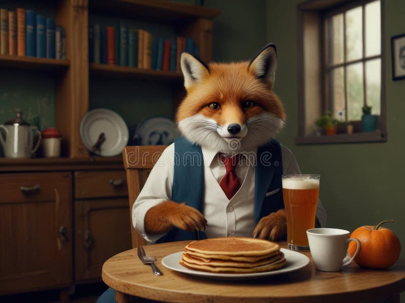 Anthropomorphic Fox Enjoying Breakfast in a Cozy Kitchen Setting Stock ...