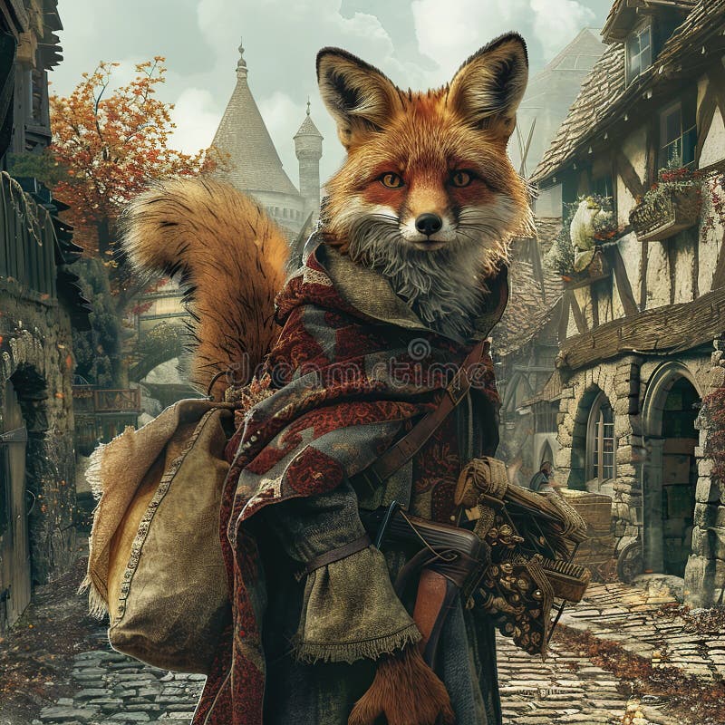 Anthropomorphic Fox in Medieval Town Stock Illustration - Illustration ...