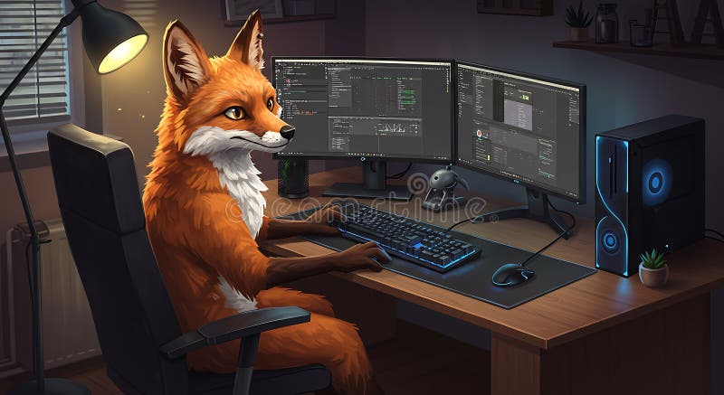 An Anthropomorphic Fox Sits at a Computer Desk, Working on a Dual ...