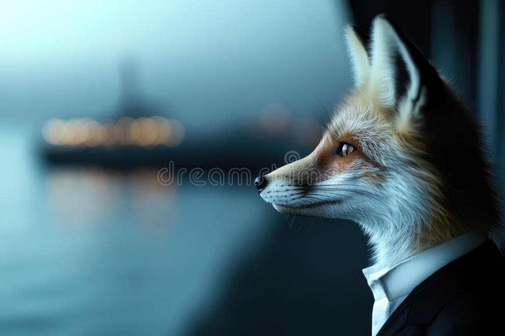 Anthropomorphic Fox in Suit Gazing at Misty Ocean in Dusk Setting Stock ...