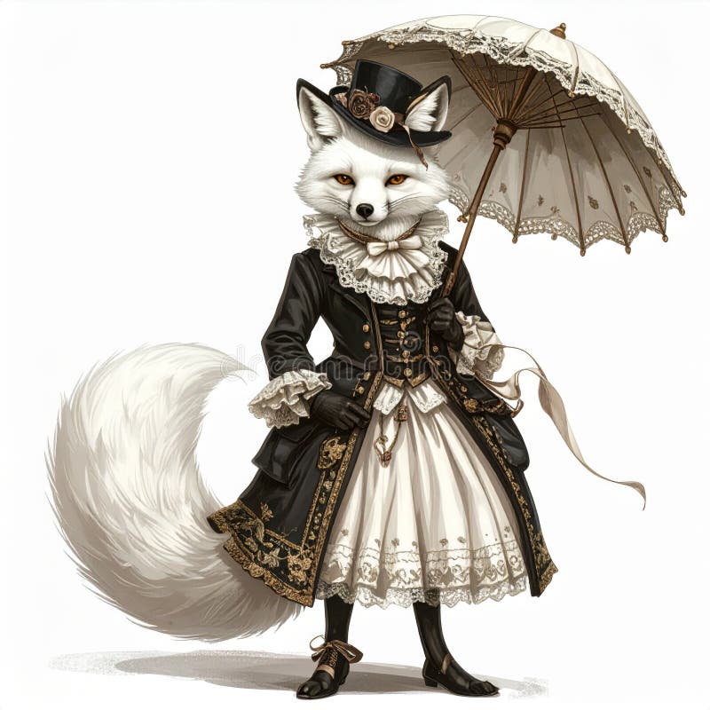 Anthropomorphic Fox in Victorian Dress and Hat Stock Illustration ...